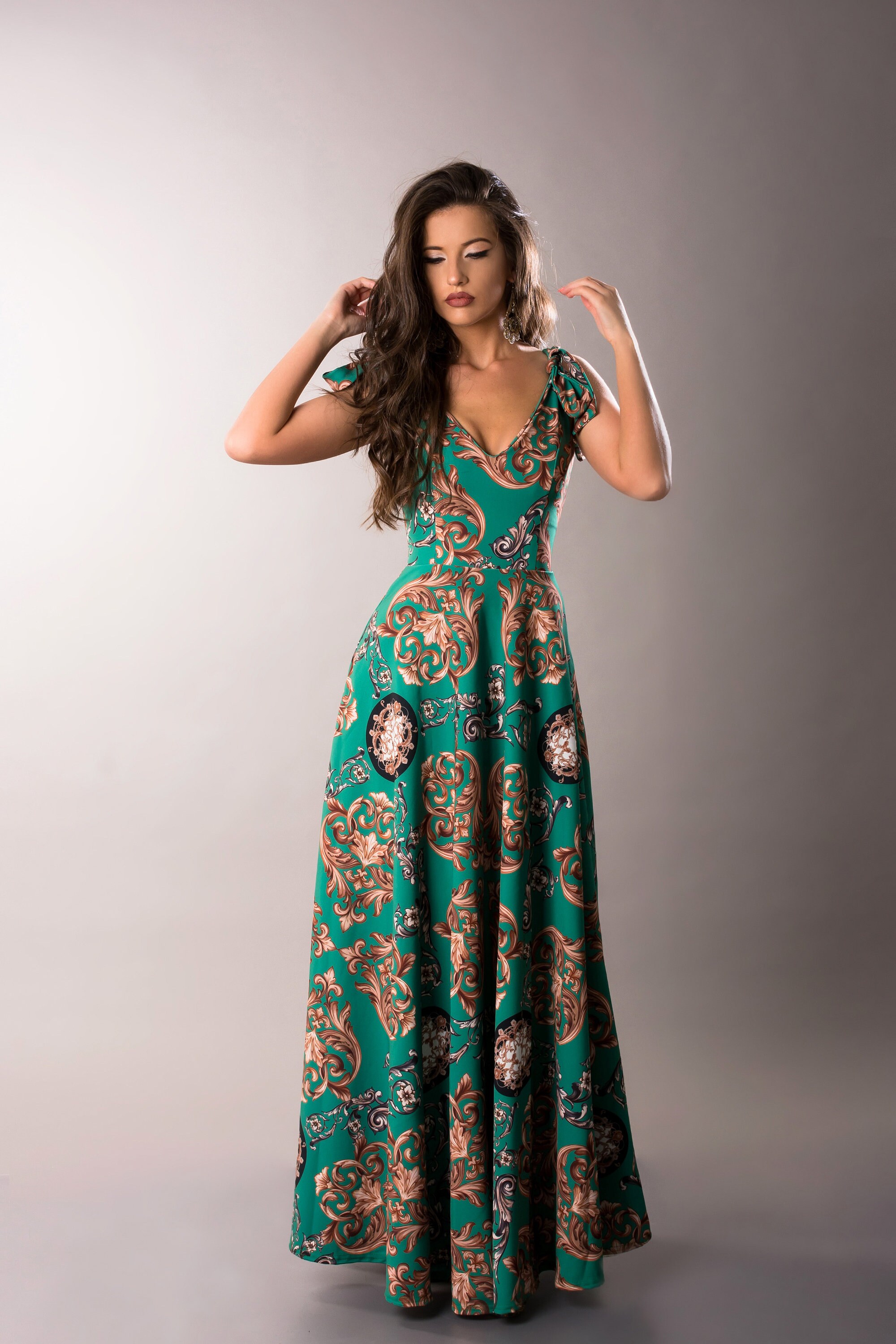 Long Green Dress, Baroque Print Tie Flared Dress, Fit and Flare ...