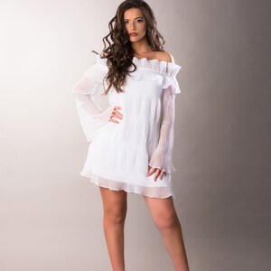 White off the Shoulder Pleated Dress/ Ruffle Flared A-line Dress/ Sexy ...