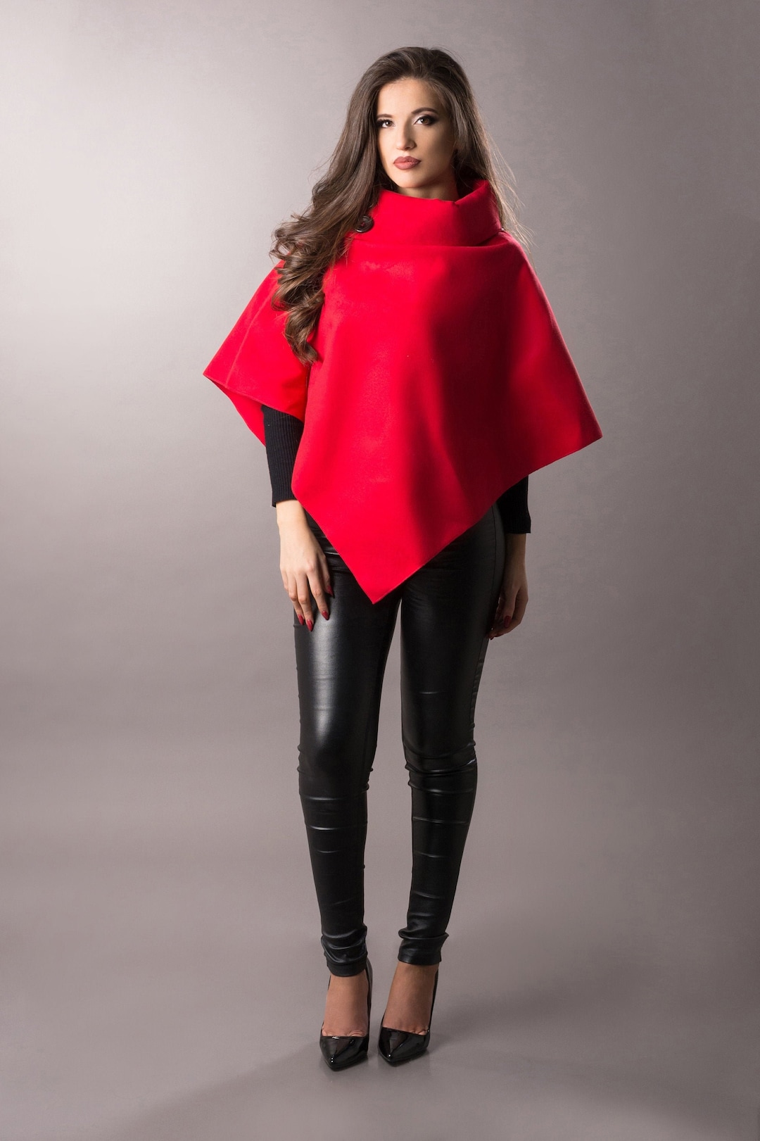 Winter Red Triangle Poncho/ Wide Collar Poncho/ Cowl Neck Elegant ...