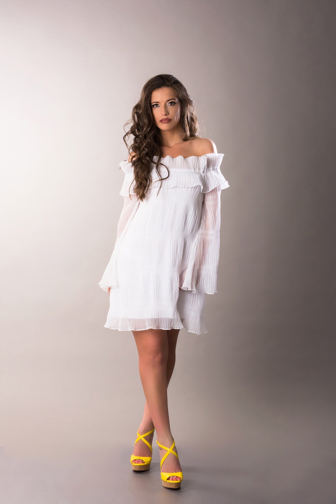 White off the Shoulder Pleated Dress/ Ruffle Flared A-line Dress/ Sexy ...