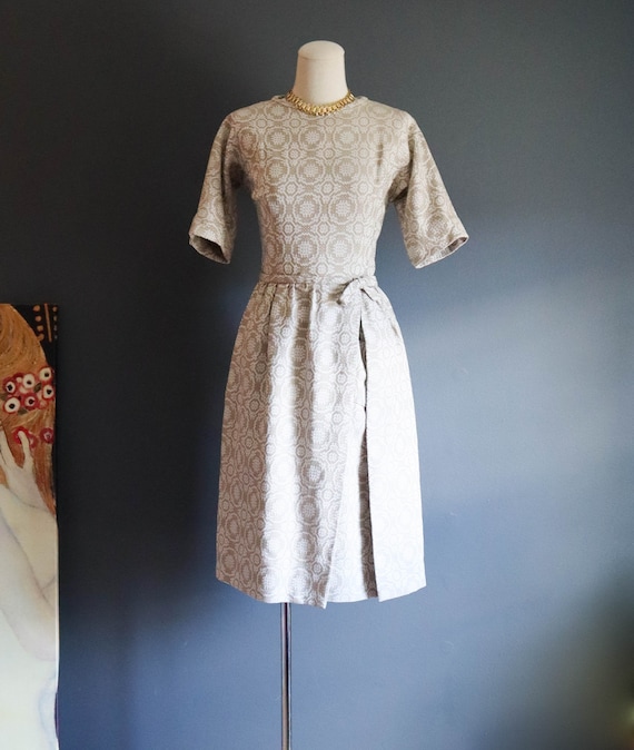 60s Ivory and Beige Textured Geometric Dress - Gem