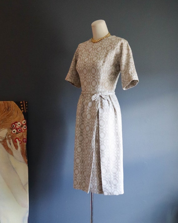 60s Ivory and Beige Textured Geometric Dress - Gem
