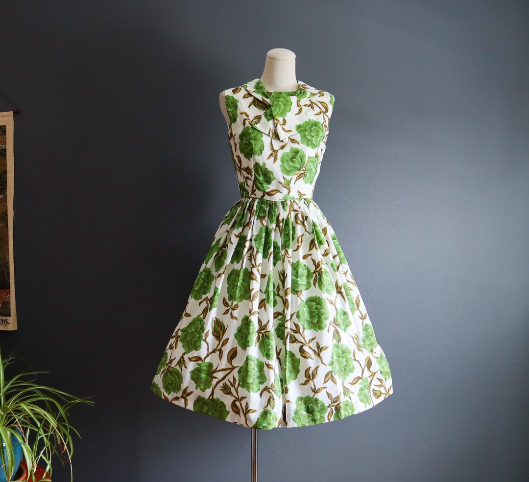 60's Green Peony Fit & Flare Dress - Etsy