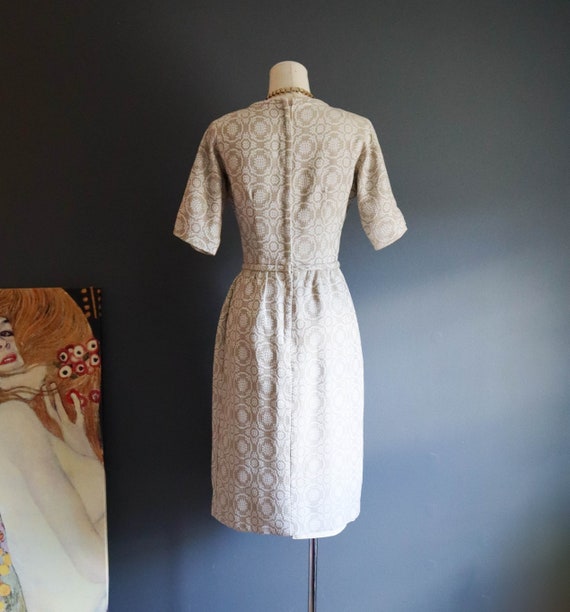 60s Ivory and Beige Textured Geometric Dress - Gem