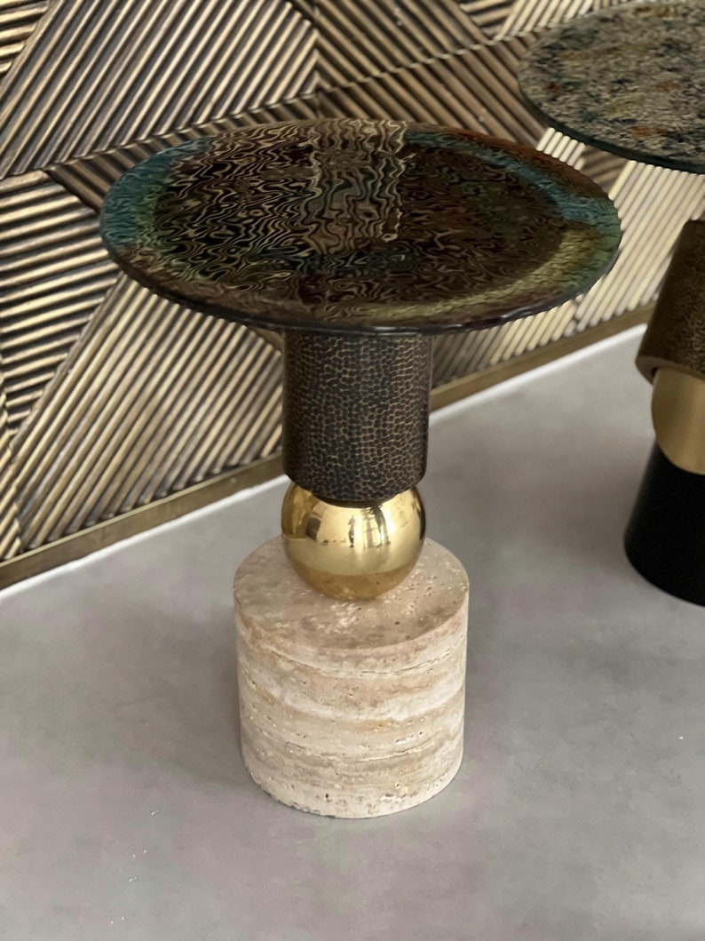 Handmade Marble & Brass Side Table: Melted Glass Top, Natural Stone ...