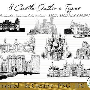8 Castle Outlines Line Art Designs PNG Clipart Jpeg Sketch Building ...