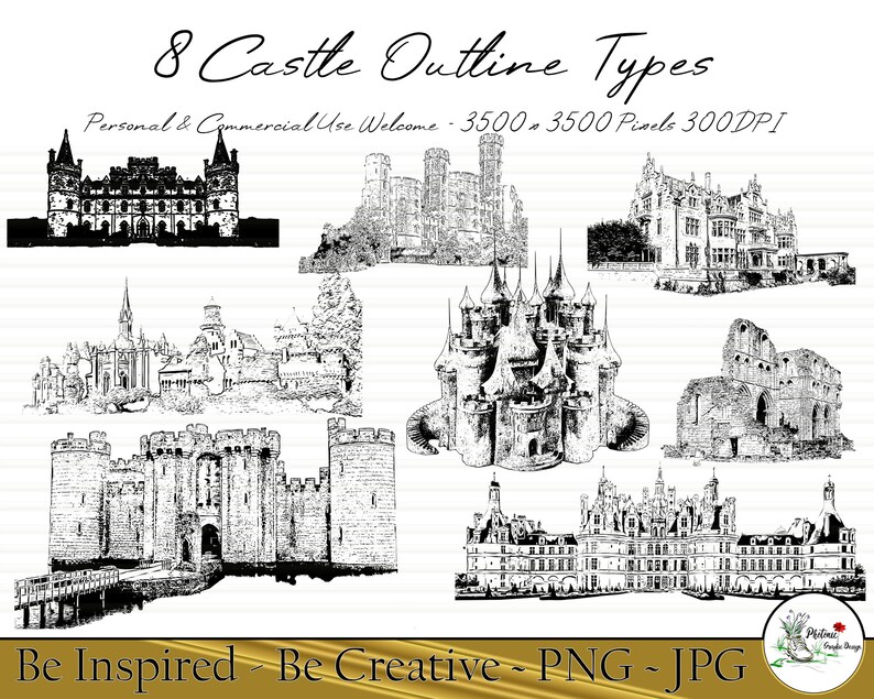 8 Castle Outlines Line Art Designs PNG Clipart Jpeg Sketch - Etsy