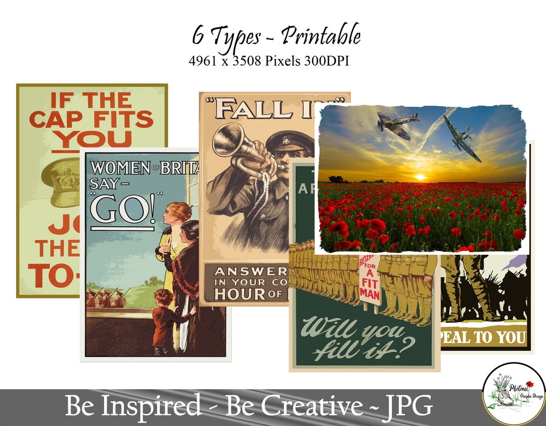 Vintage World War Poster, WW1 WW2 Themed Printable Digital Paper Army ...