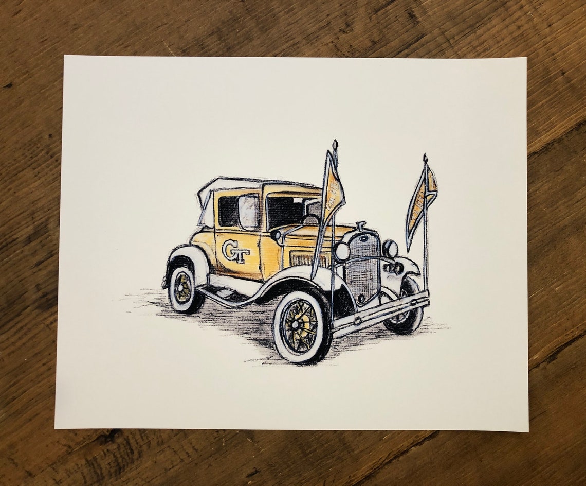 Georgia Tech Ramblin' Wreck Original Charcoal and Pastel Drawing Print ...