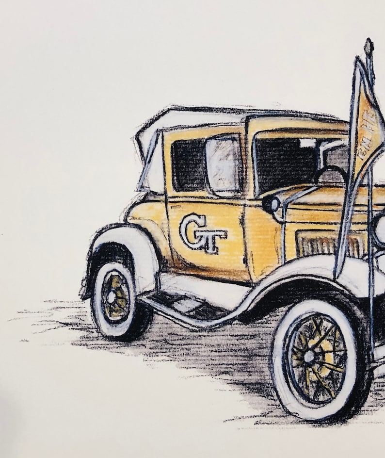 Georgia Tech Ramblin' Wreck Original Charcoal and Pastel Drawing Print ...