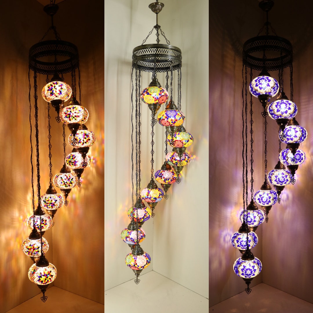 10 Color VARIATION Set of 9 Turkish Mosaic Chandelier Lamp- Ceiling ...