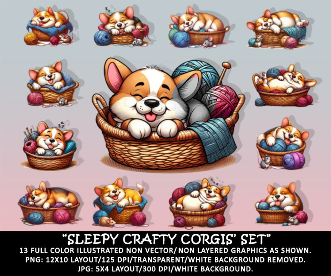 Sleeping Corgis in Yarn Baskets - Digital Download Graphics - Etsy