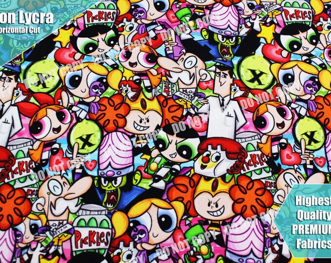 Powerpuff Girls Stacked Premium Cotton Lycra 9x14 Inch Fabric Cuts ...