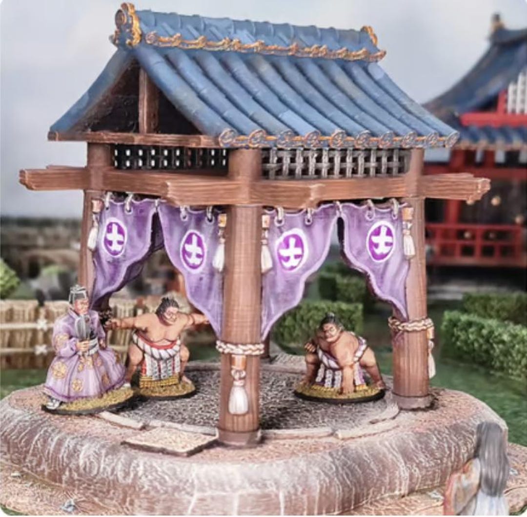 28mm Japanese Village Sumo Ring (PLA) With 3 (miniature) 2 Wrestlers ...