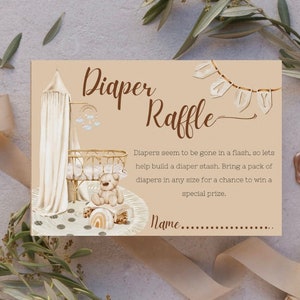 Diaper Raffle Card - Baby Shower Invitation Insert - Boho Bear Nursery ...