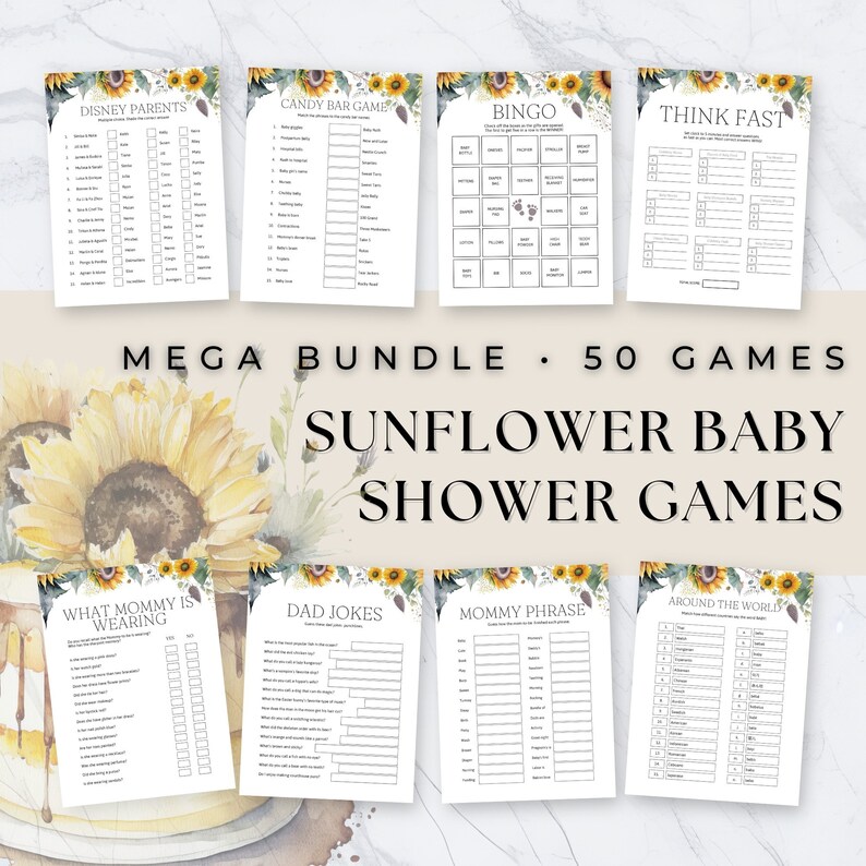 SUNFLOWER Baby Shower Games, Editable Baby Shower Games Bundle, Baby ...