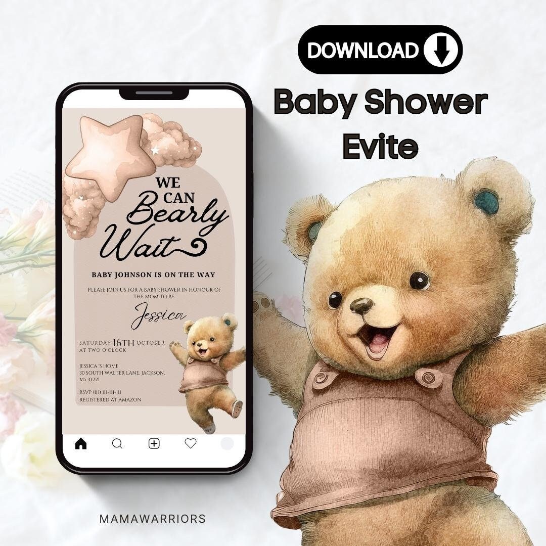 Electronic Teddy Bear Baby Shower Invitation, We Can Bearly Wait Baby ...