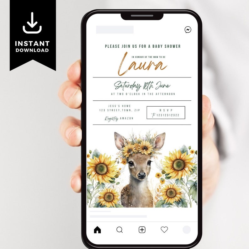 Bambi Baby Shower, Bambi Baby, Baby Shower Invitation, Sunflower Theme ...