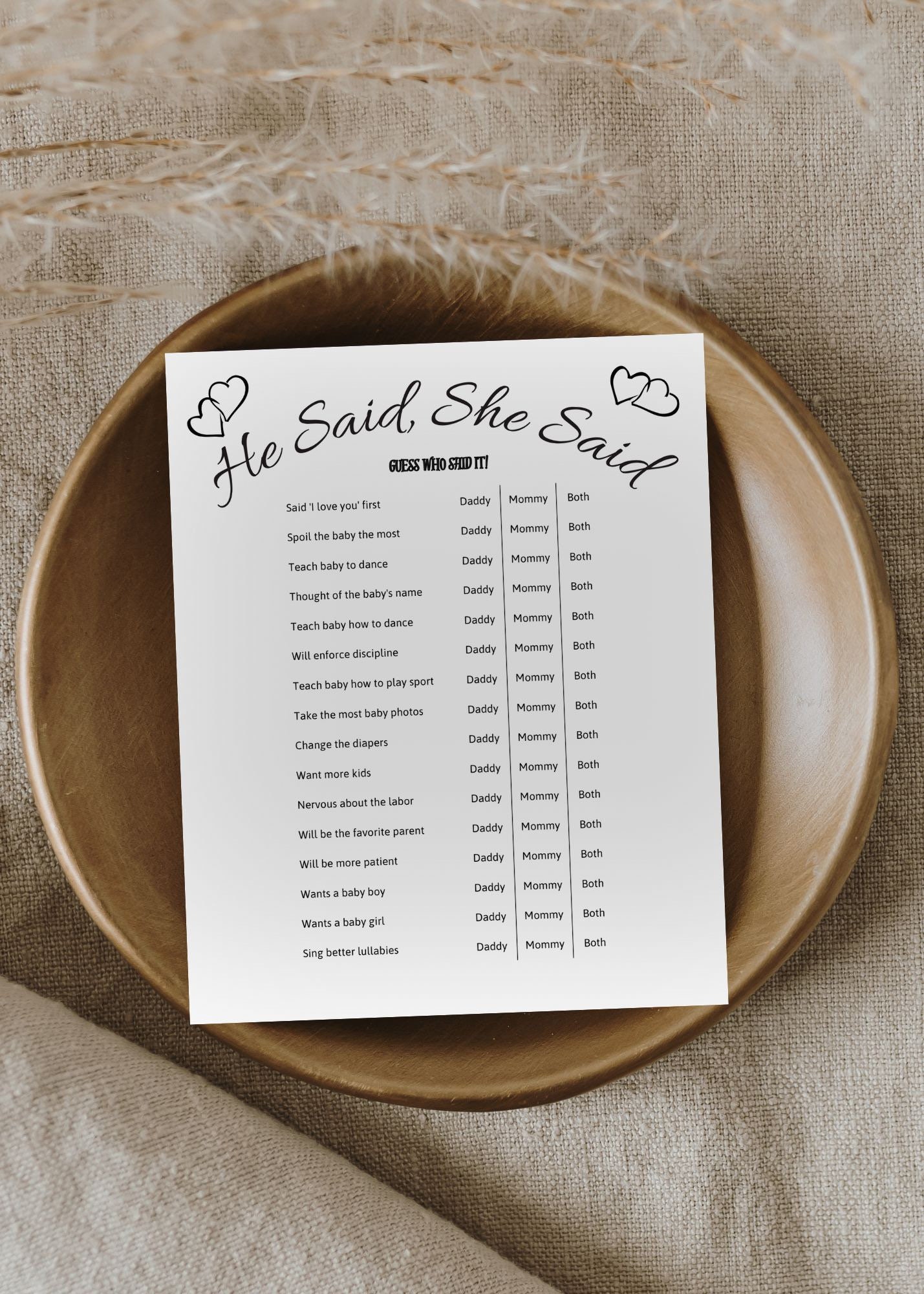 Guess Who Said It, He Said She Said, Printable Baby Shower Game Guess ...