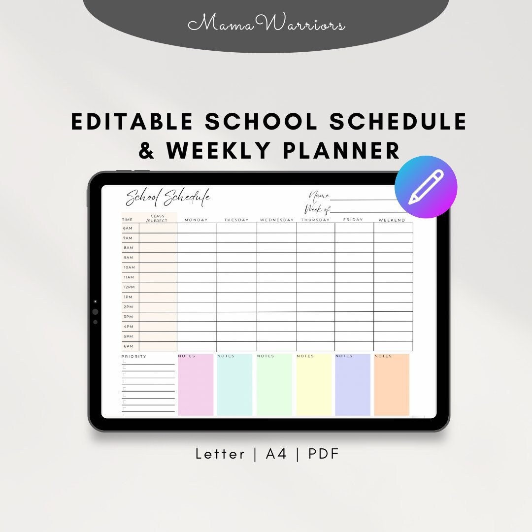 Simple Student Schedule, Academic Printable PDF, Student Organiser ...
