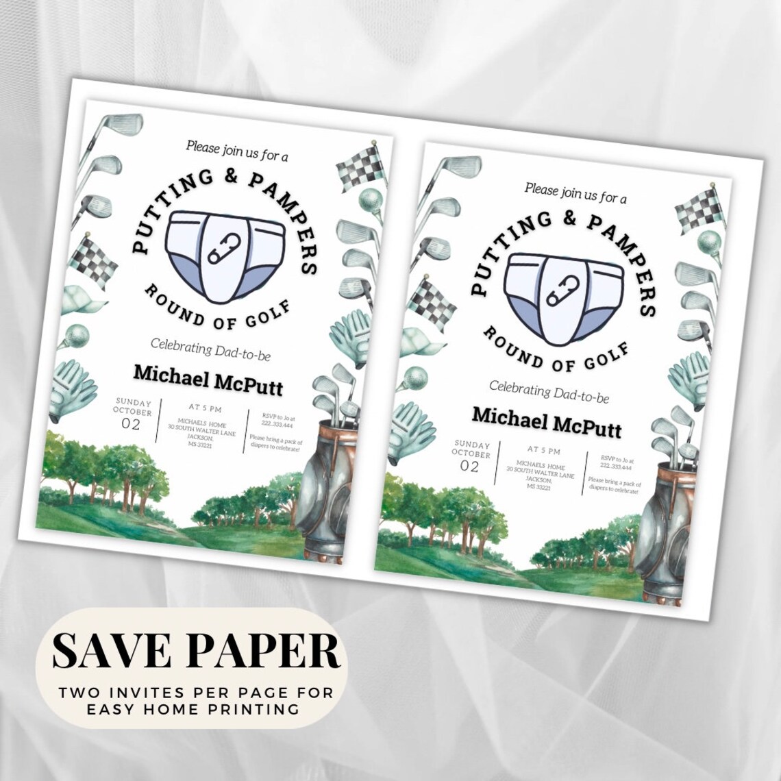 Putting and Pampers Baby Shower Invitation, Golf Dad Baby Shower, Men ...