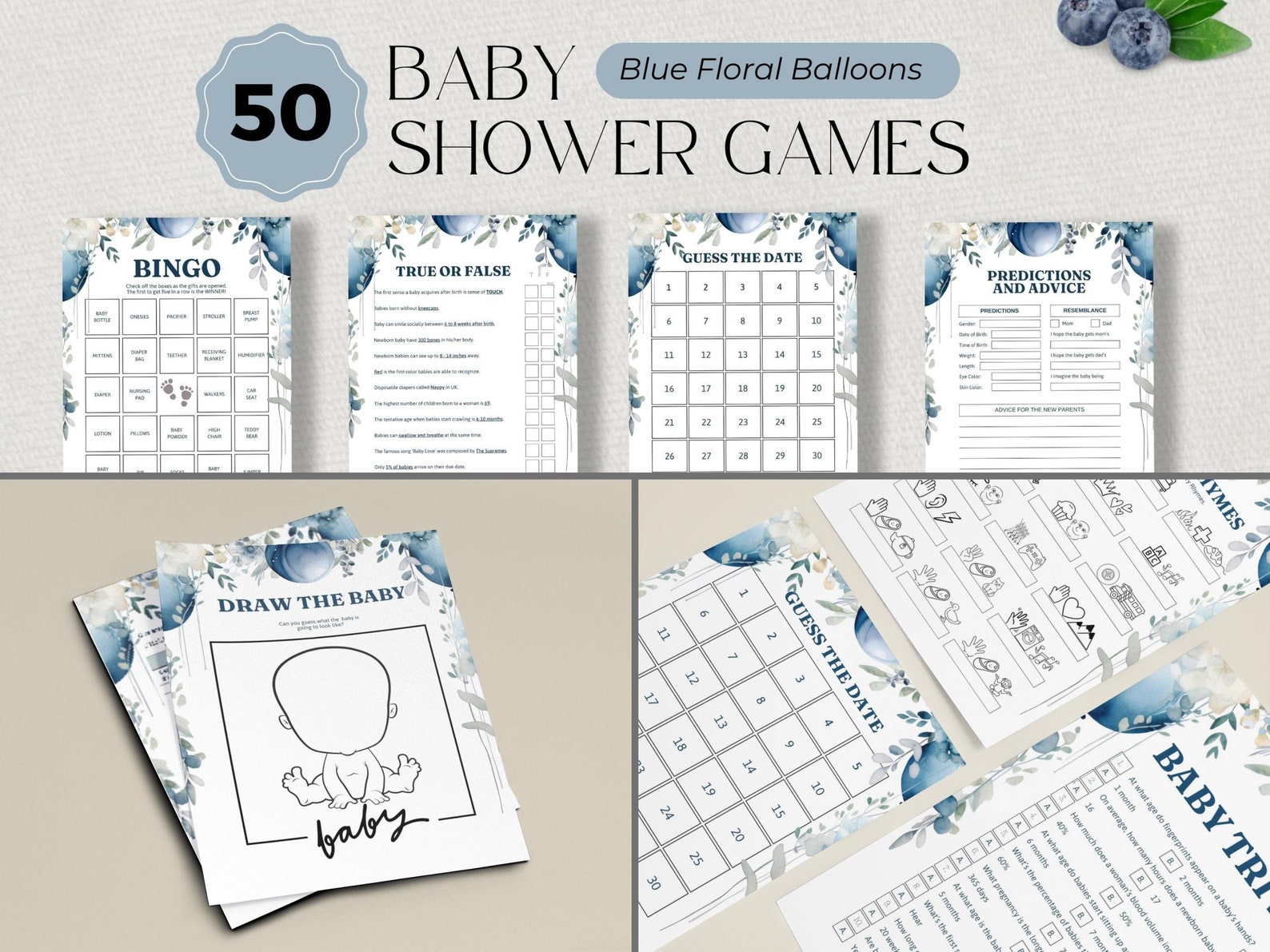 Baby Shower Games Bundle for Boy, Blue Arch Baby Themed Games, Navy ...