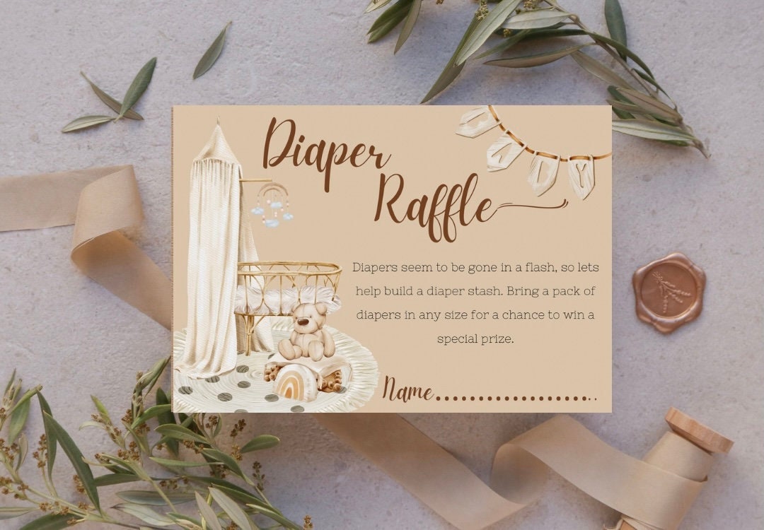 Diaper Raffle Card - Baby Shower Invitation Insert - Boho Bear Nursery ...