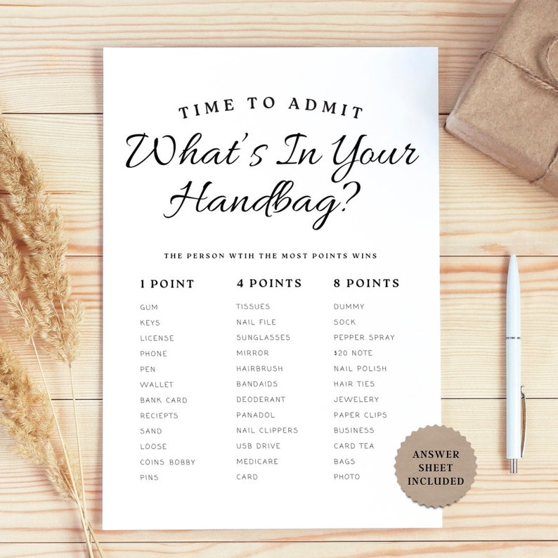 What's in Your Bag Game, Baby Shower Hand Bag Game, Gender Neutral Baby ...