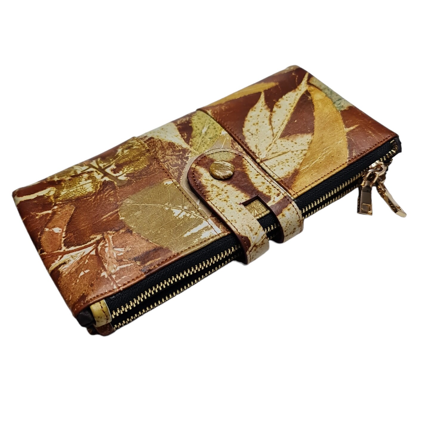 Genuine Leather Purse Brown Leaves Ecoprint Ladies Long Wallet Handmade ...