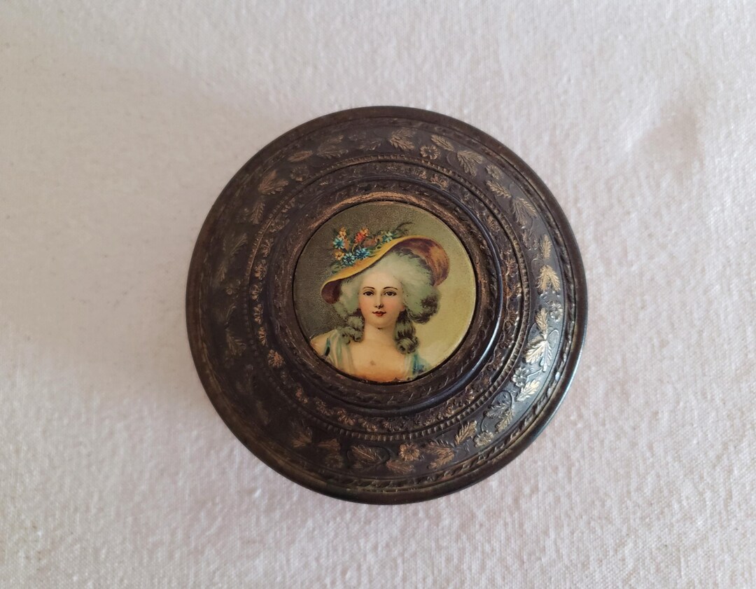 Ornate Metal Powder Box, Marie Antoinette Pictured on Lid, Painted ...