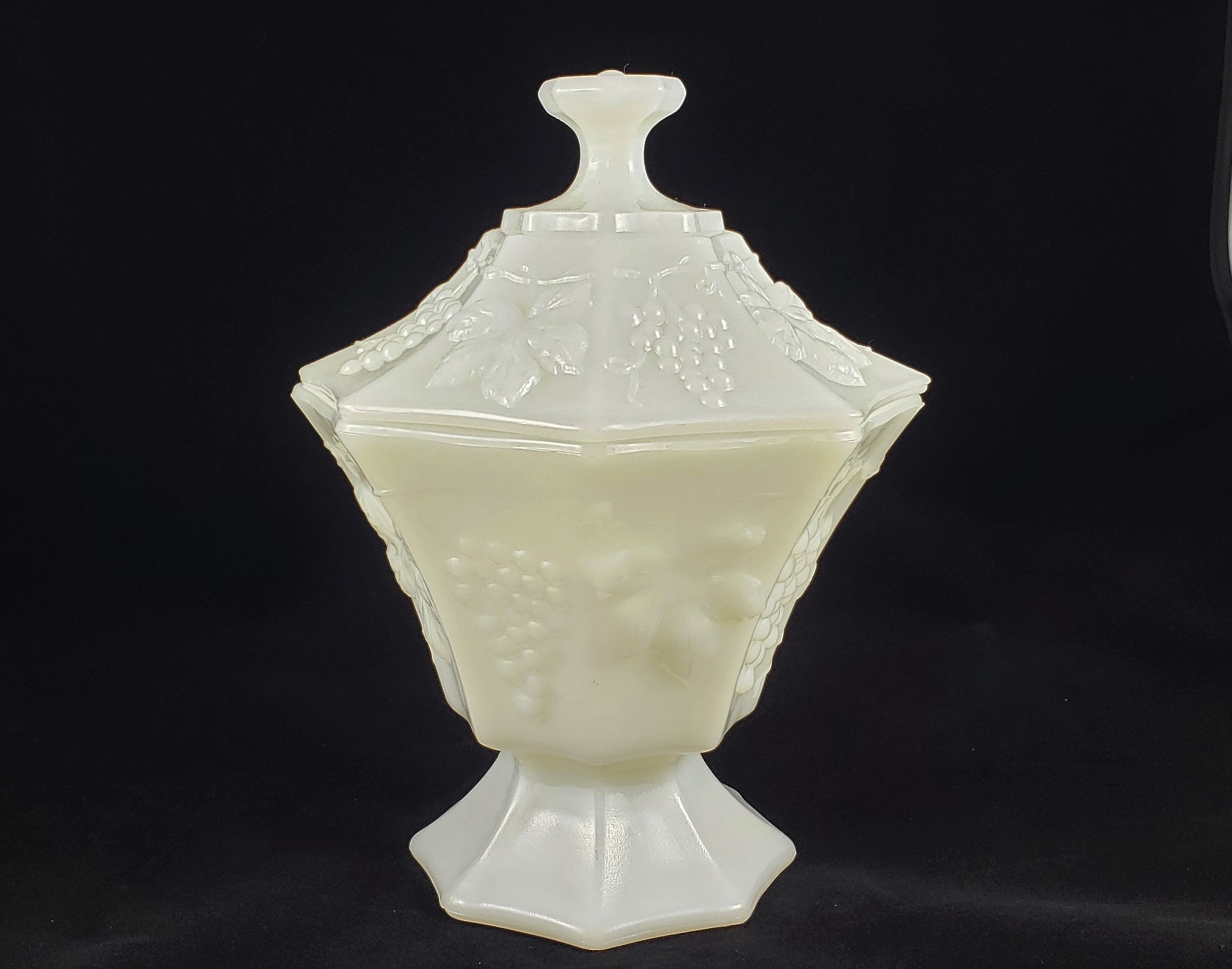 Anchor Hocking Milk Glass Grape Design Covered Candy Dish, 8 Sided ...