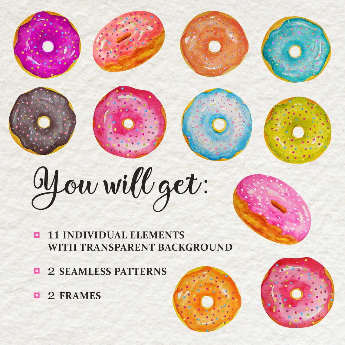 Watercolor Donut Clipart, Doughnut, Hand Painted, Digital Download ...