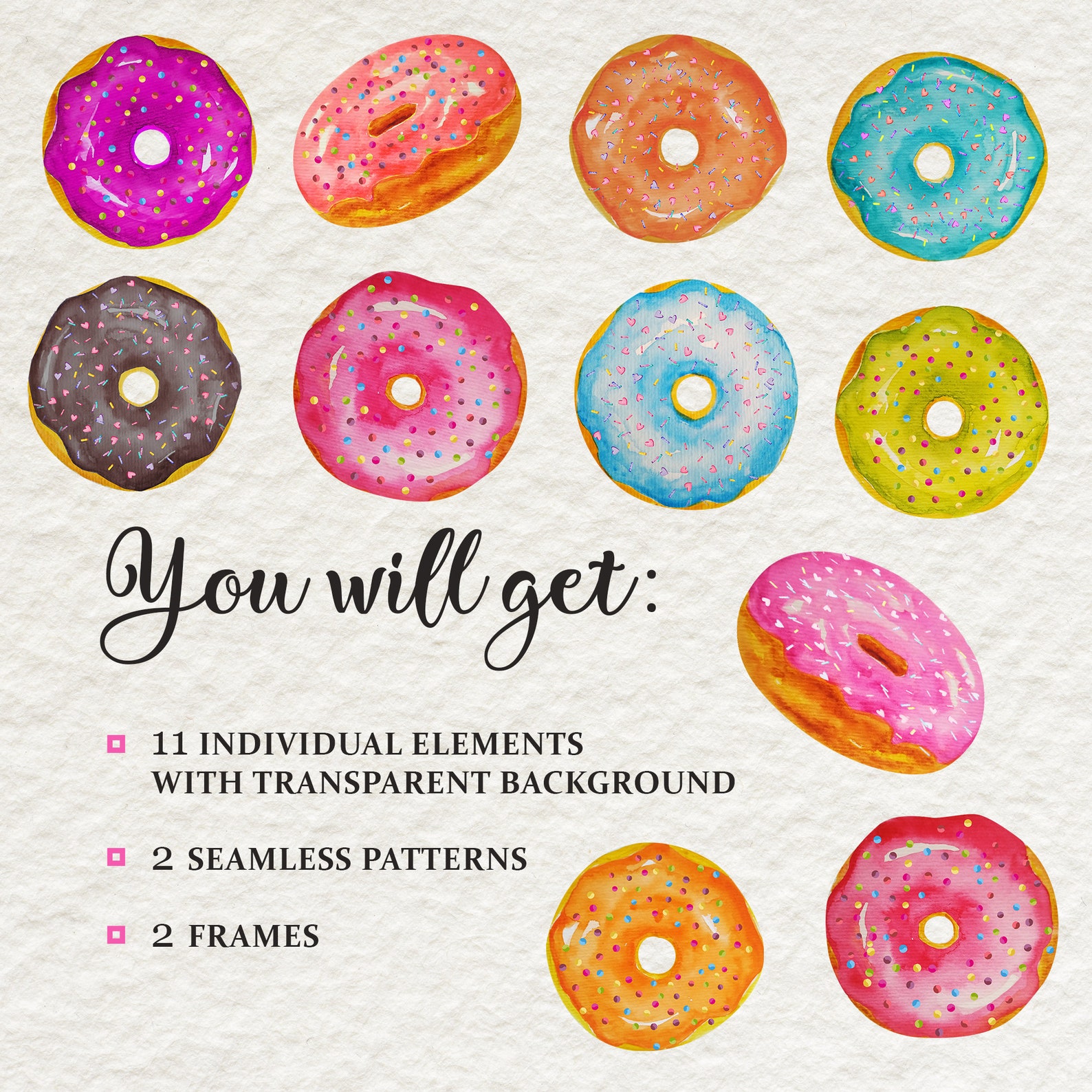 Watercolor Donut Clipart, Doughnut, Hand Painted, Digital Download ...