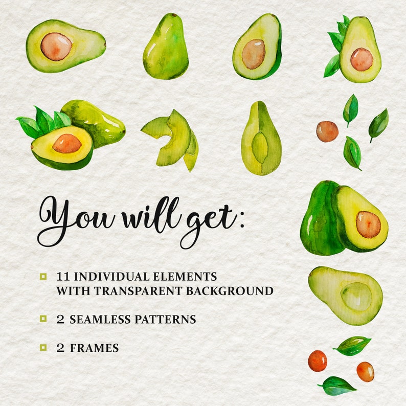 Watercolor Avocado Clipart Set, Hand Painted Graphics, Digital Download ...