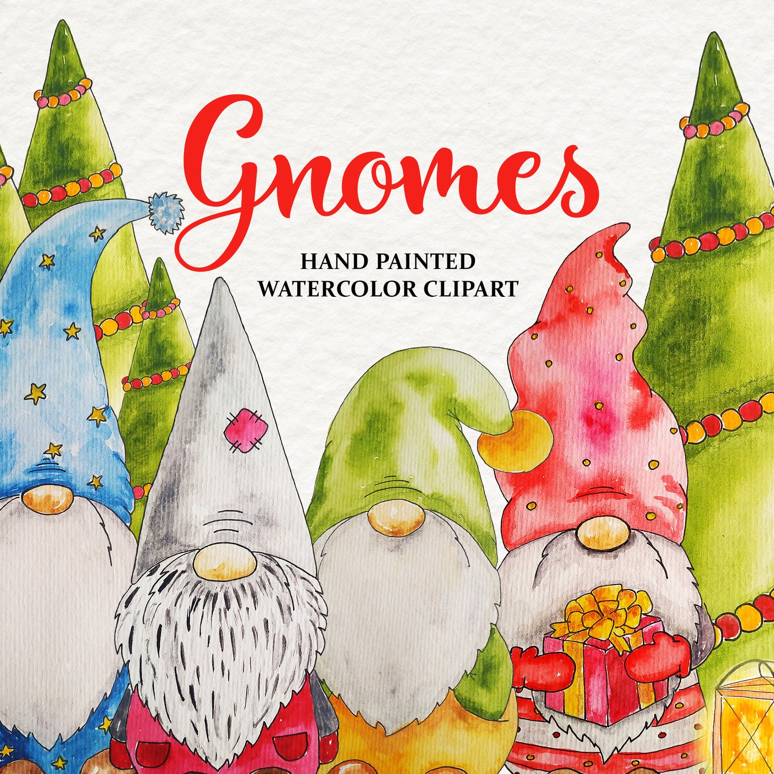Gnomes Watercolor Hand Painted Clipart, Christmas Tree Holiday ...