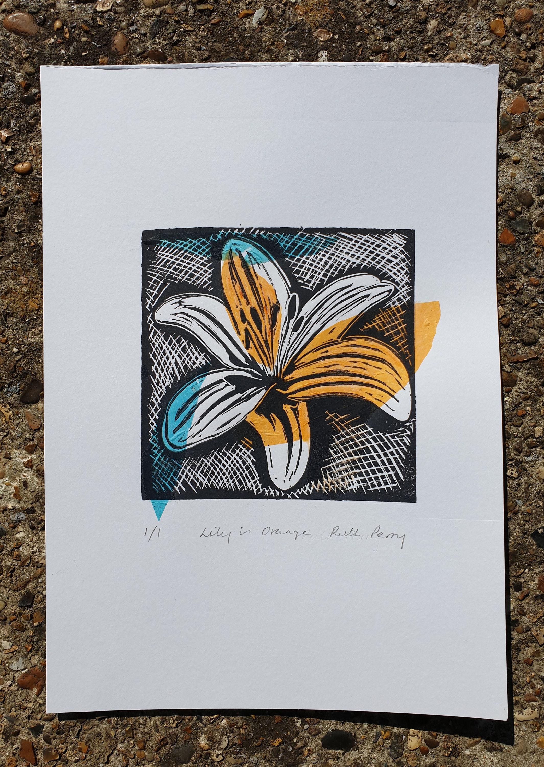 Lily in Blue Orange Linocut Print - Etsy