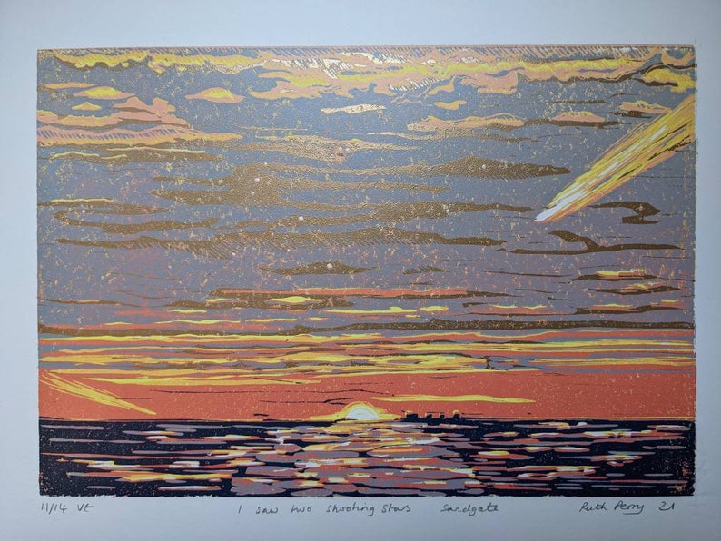 Sandgate Sunset Linocut Reduction Print Kent Coast Comets - Etsy UK