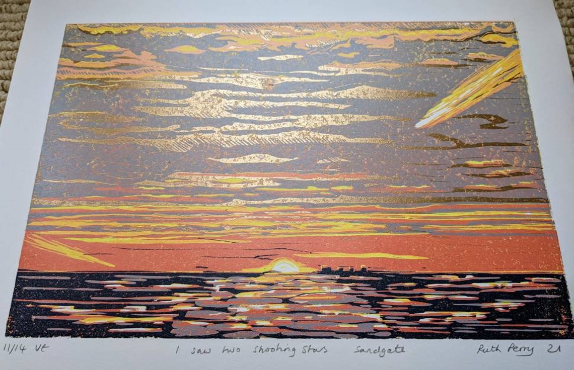Sandgate Sunset Linocut Reduction Print Kent Coast Comets - Etsy UK