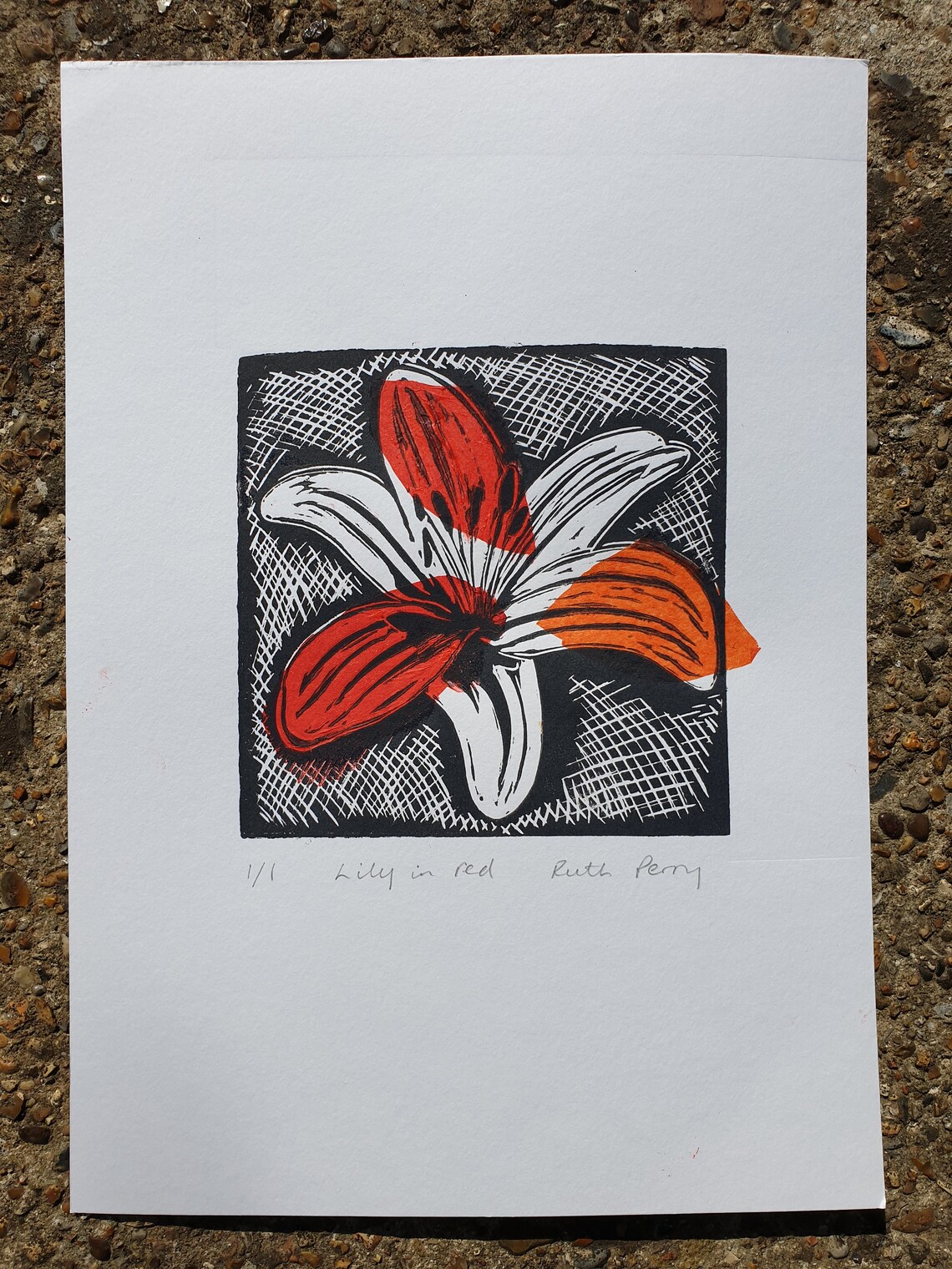 Lily in Red Orange Linocut Print - Etsy