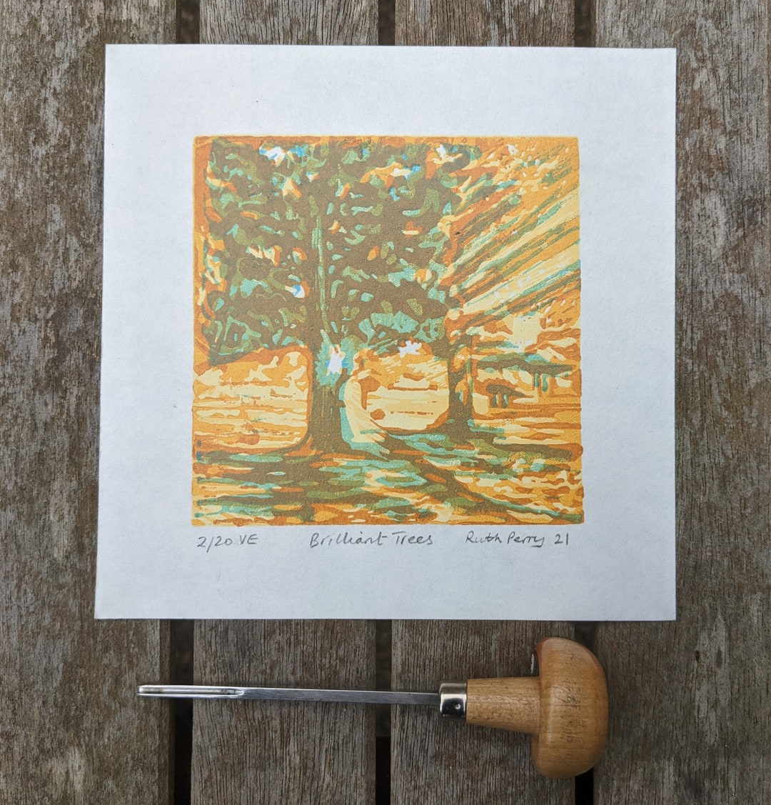 Autumn Trees Linocut Print: 'brilliant Trees' Reduction Art - Etsy