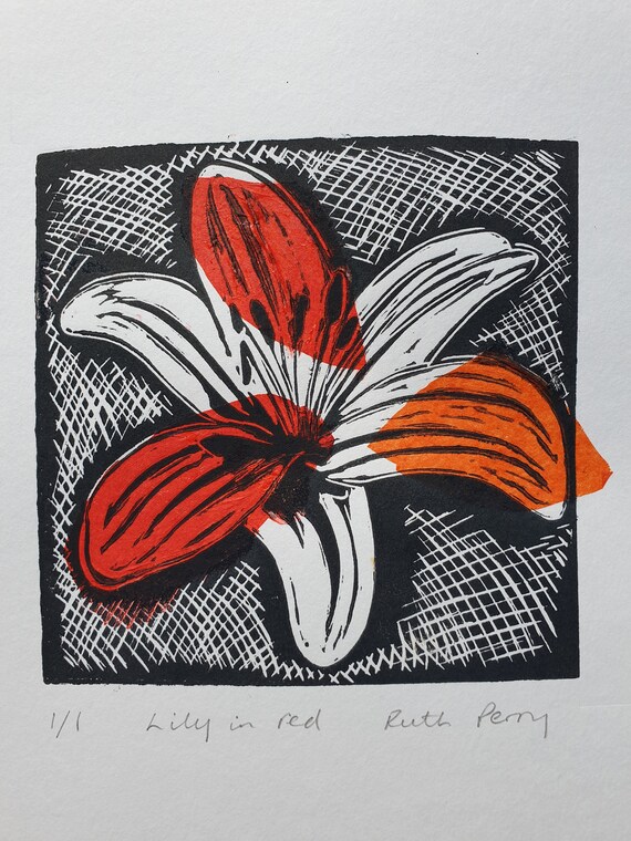 Lily in Red Orange Linocut Print | Etsy
