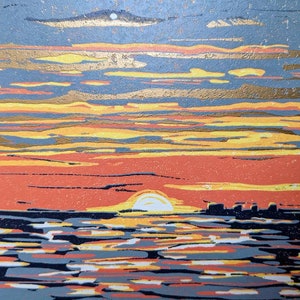 Sandgate Sunset Linocut Reduction Print Kent Coast Comets - Etsy UK