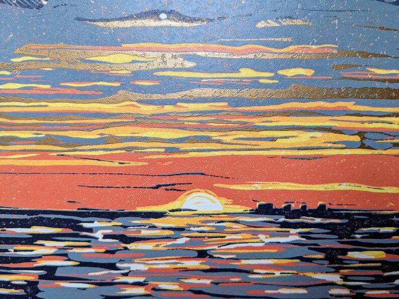 Sandgate Sunset Linocut Reduction Print Kent Coast Comets - Etsy UK