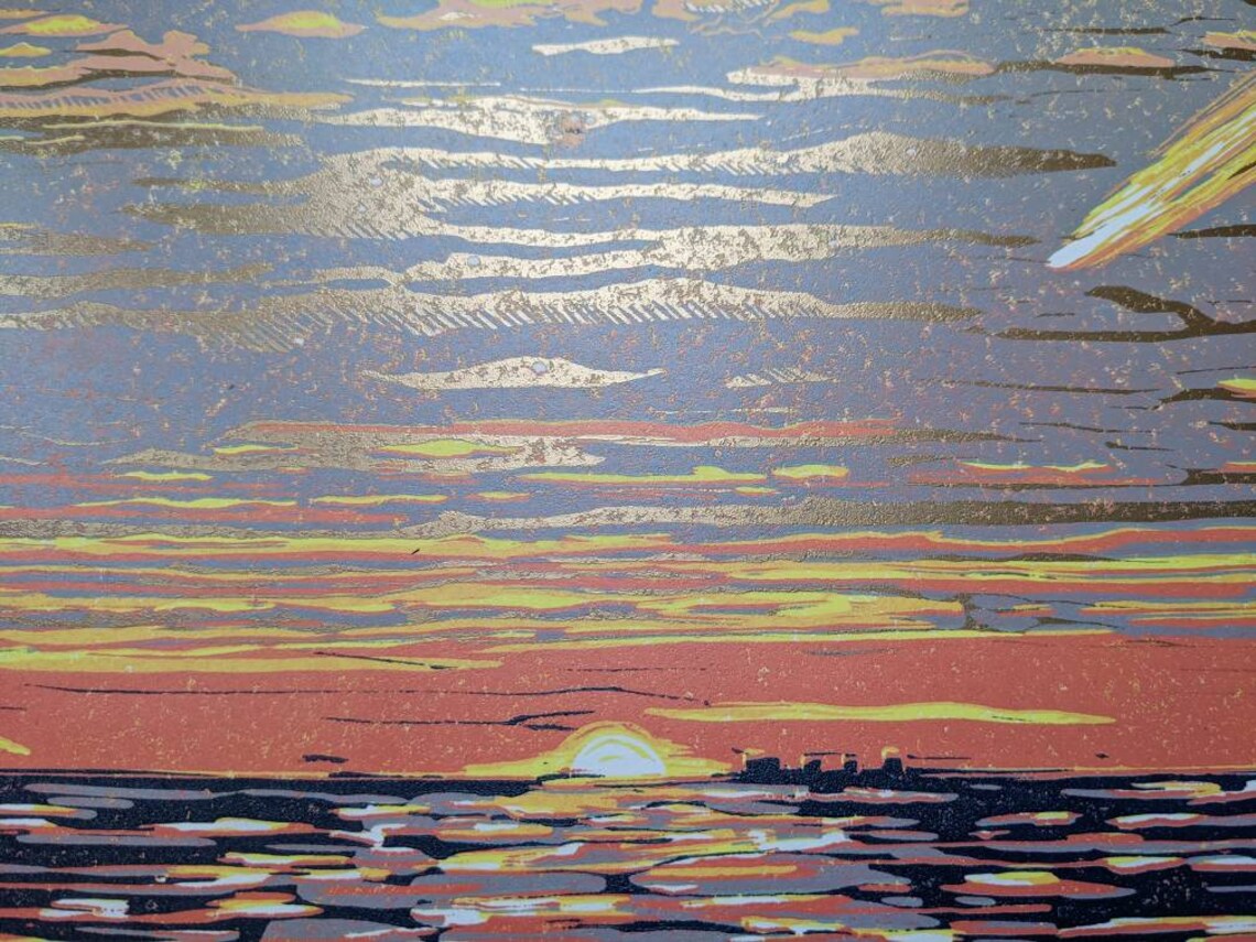 Sandgate Sunset Linocut Reduction Print Kent Coast Comets - Etsy UK