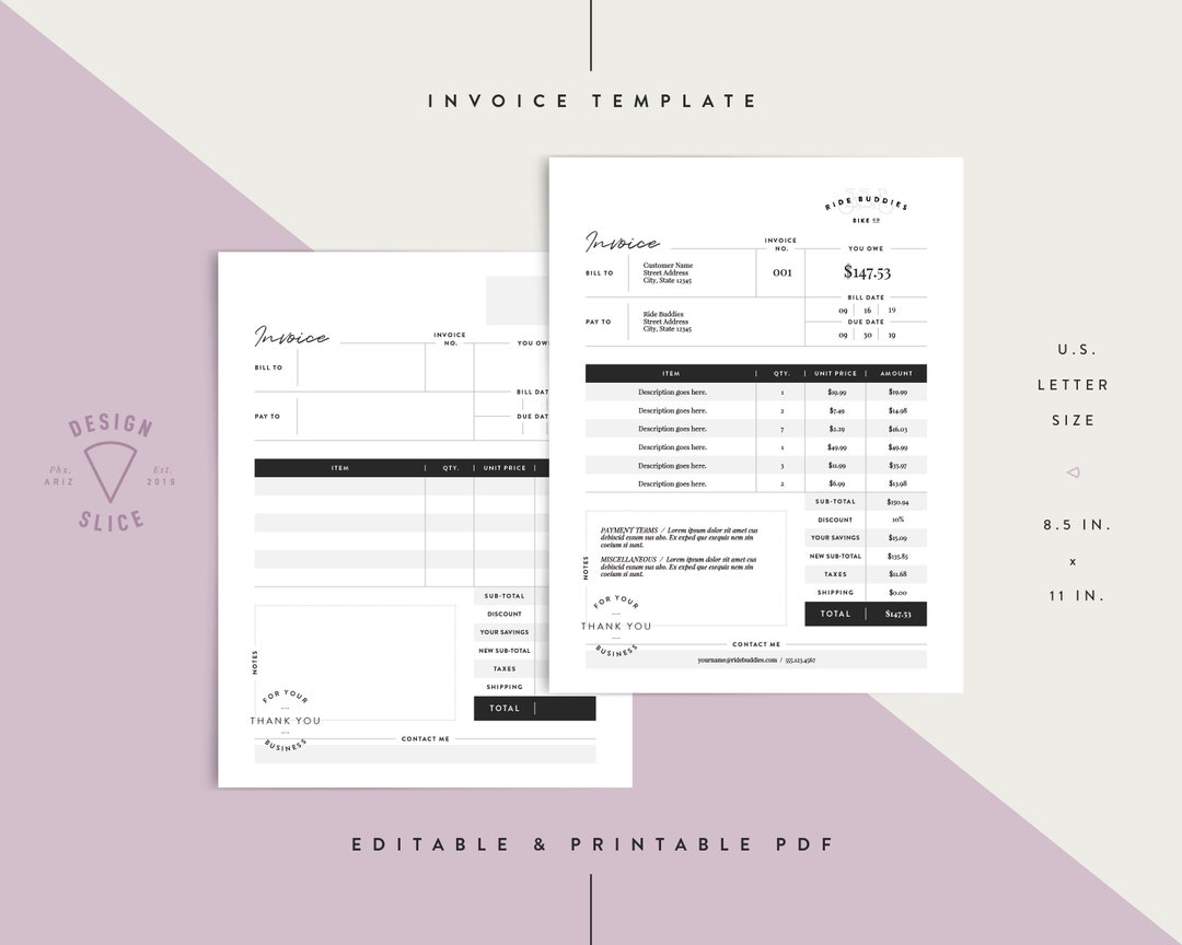 Invoice Template / Printable / Editable PDF / Instant Download / U.S ...