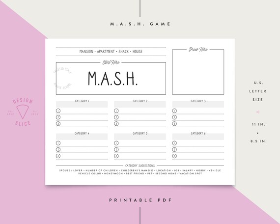 MASH / Game / Printable / Instant Download / U.S. Letter Size - Etsy