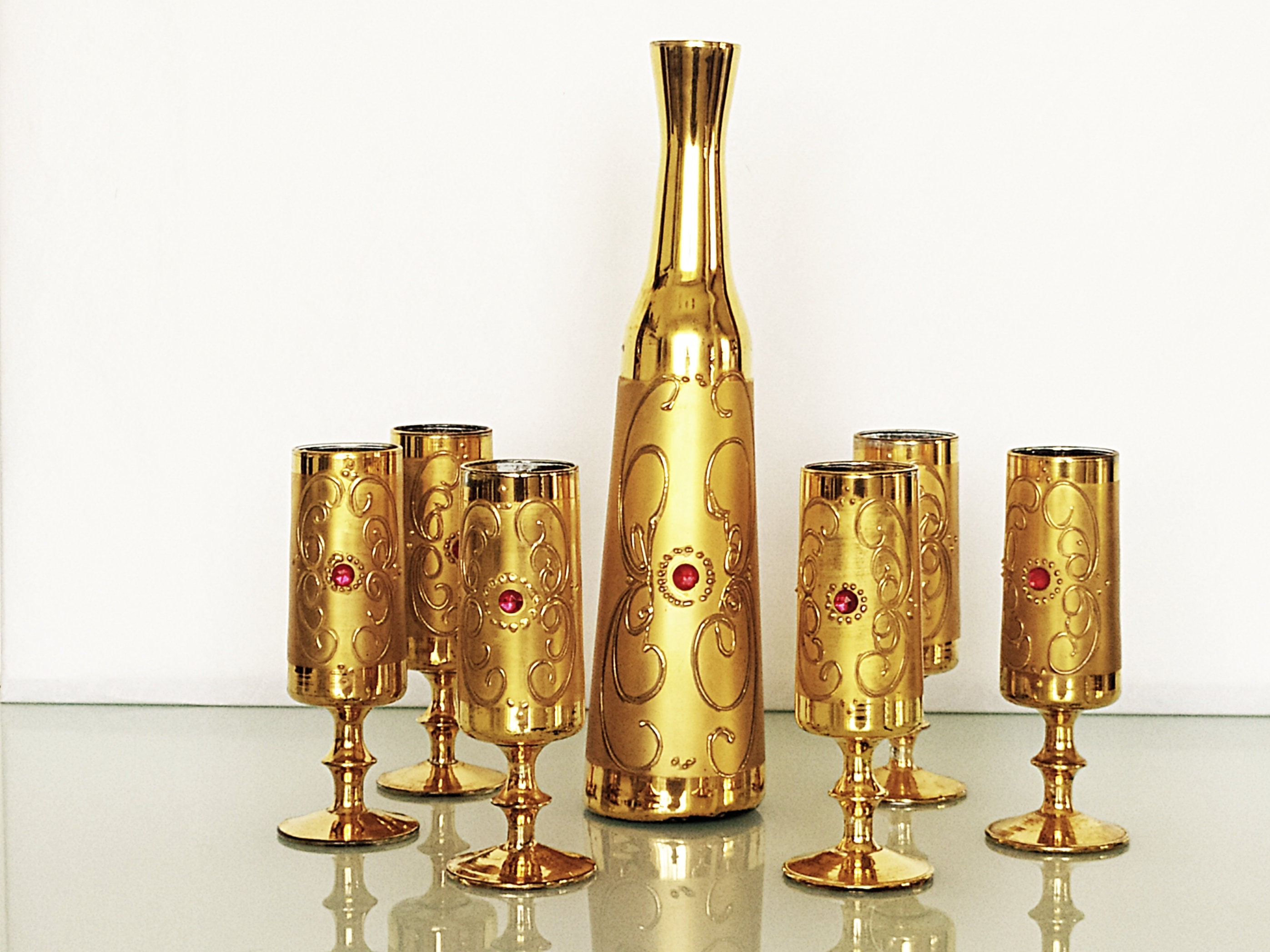 Vintage Golden Goblets Set 6 Golden Goblets With Bottle Golden | Etsy