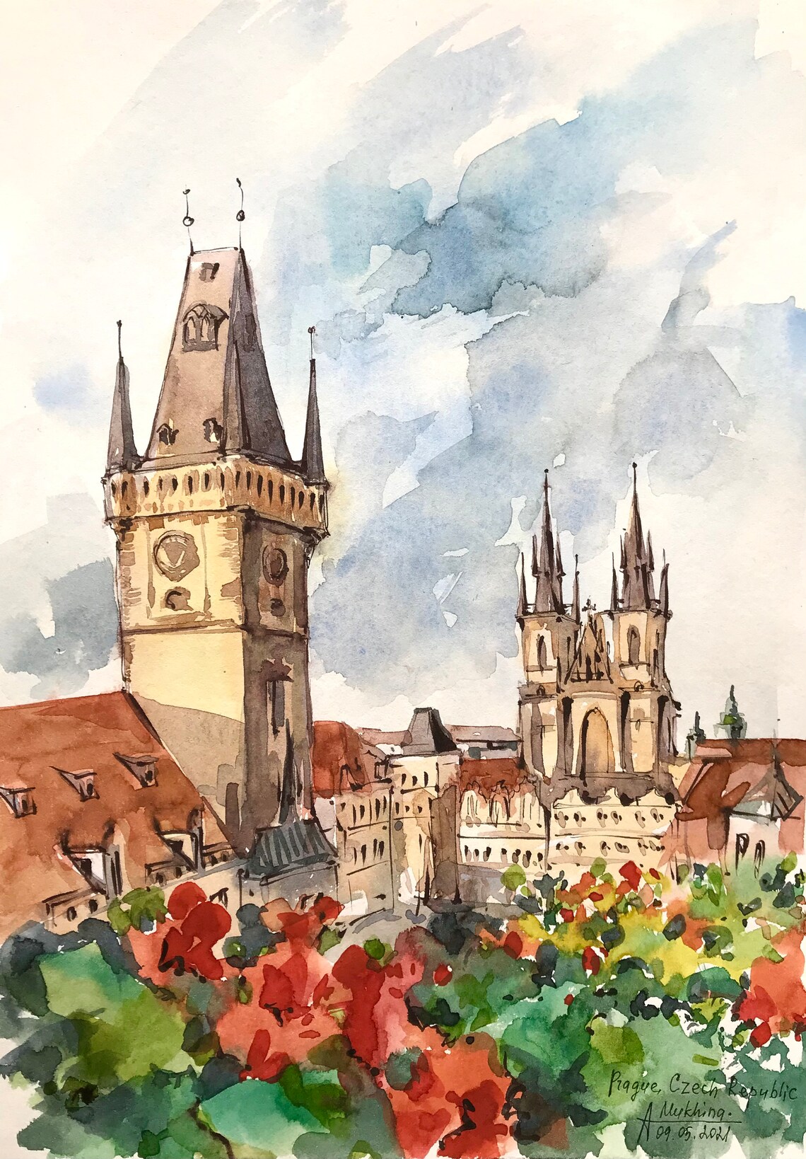 Prague Art Watercolor Original Painting Czech Europe City | Etsy