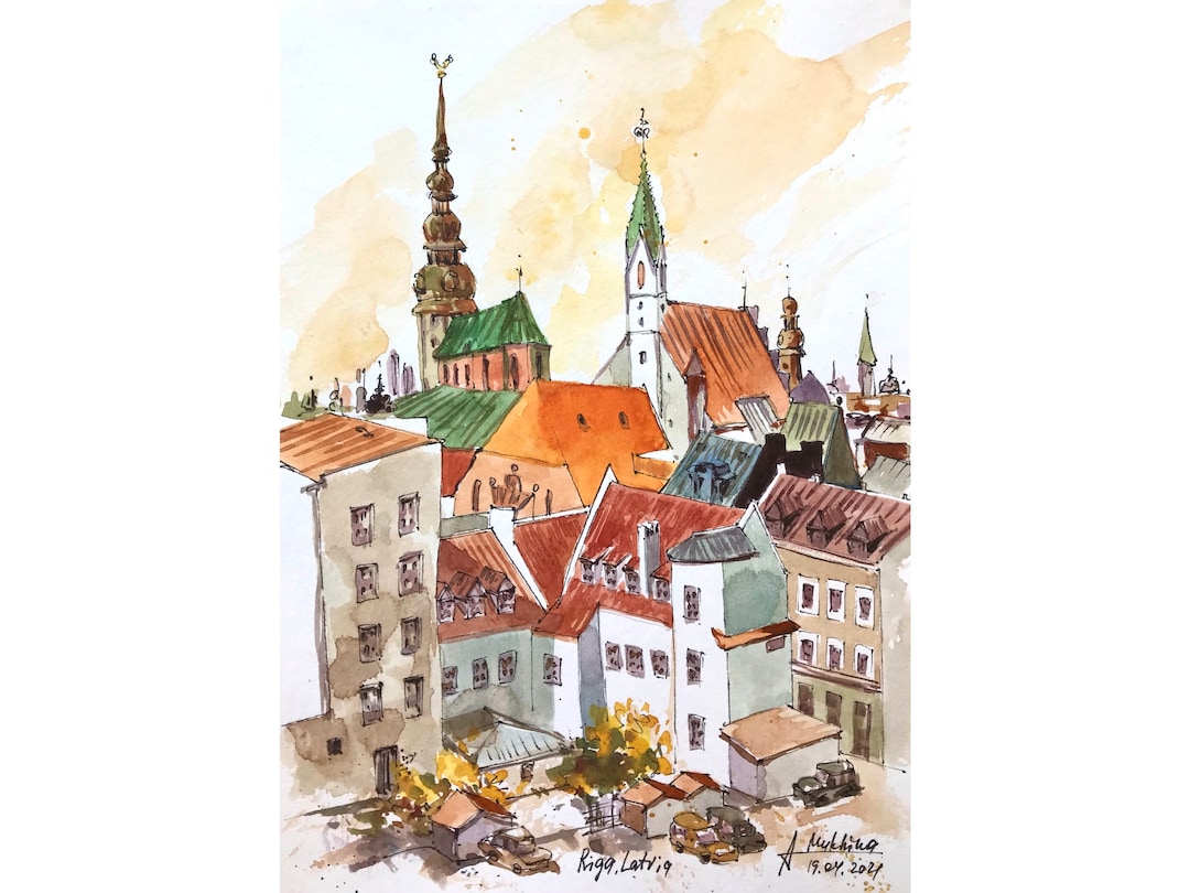 Riga Latvia Original Painting European City Art Watercolor Architecture ...