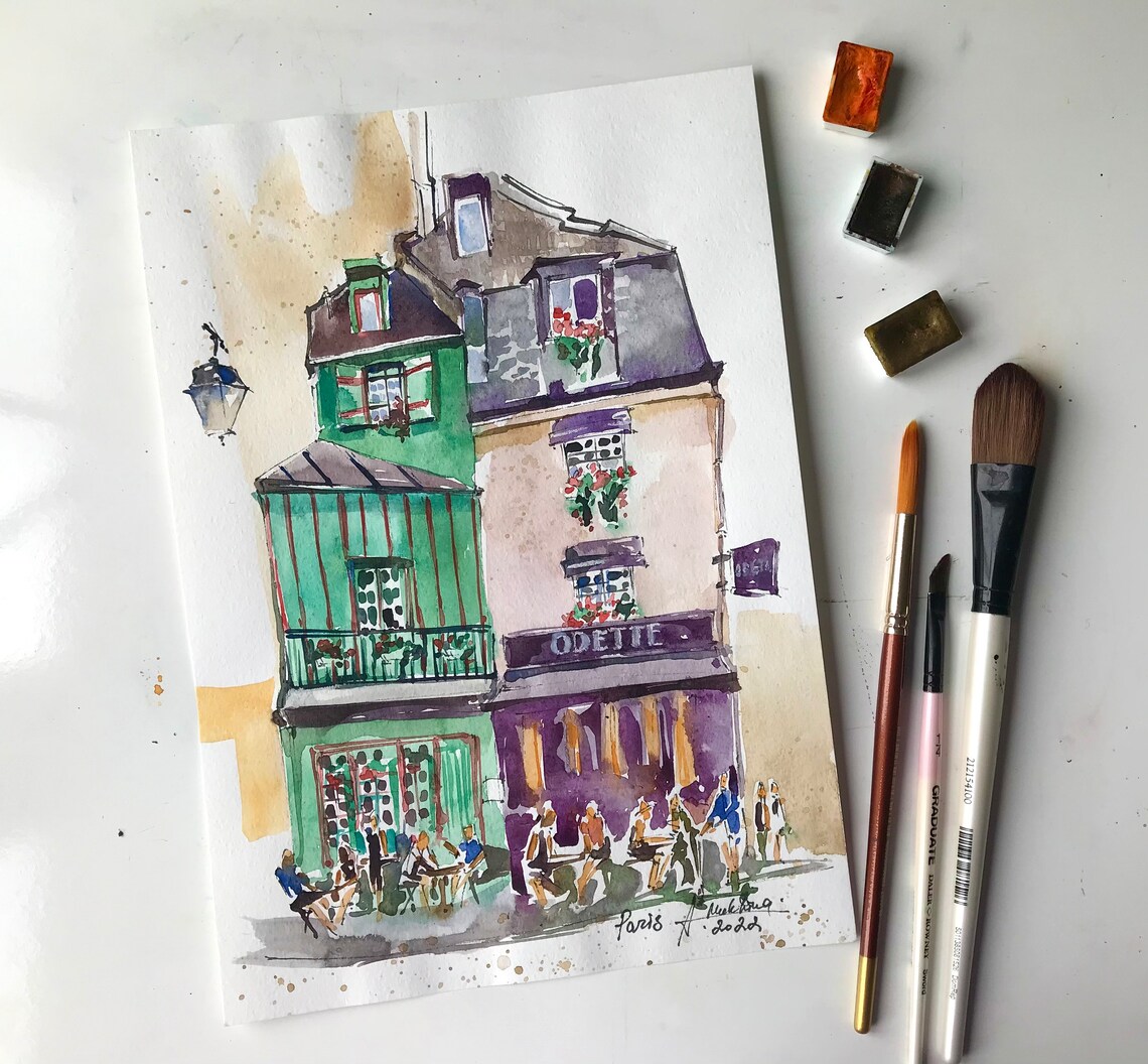 Paris Watercolor Original Hand Painted Painting French Cafe Drawing ...